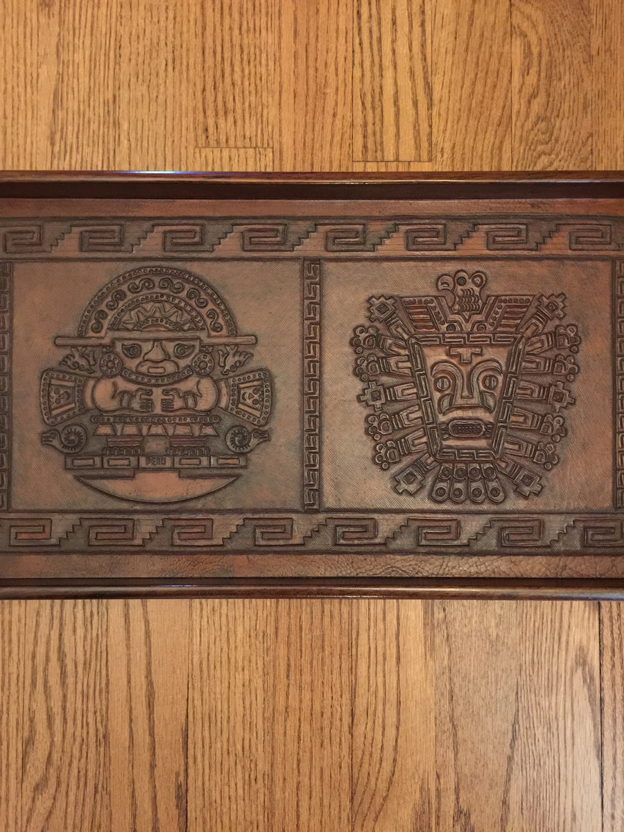 Incan Creator God & Sican Deity, Hand Tooled Leather and Wood Tray, Pe ...