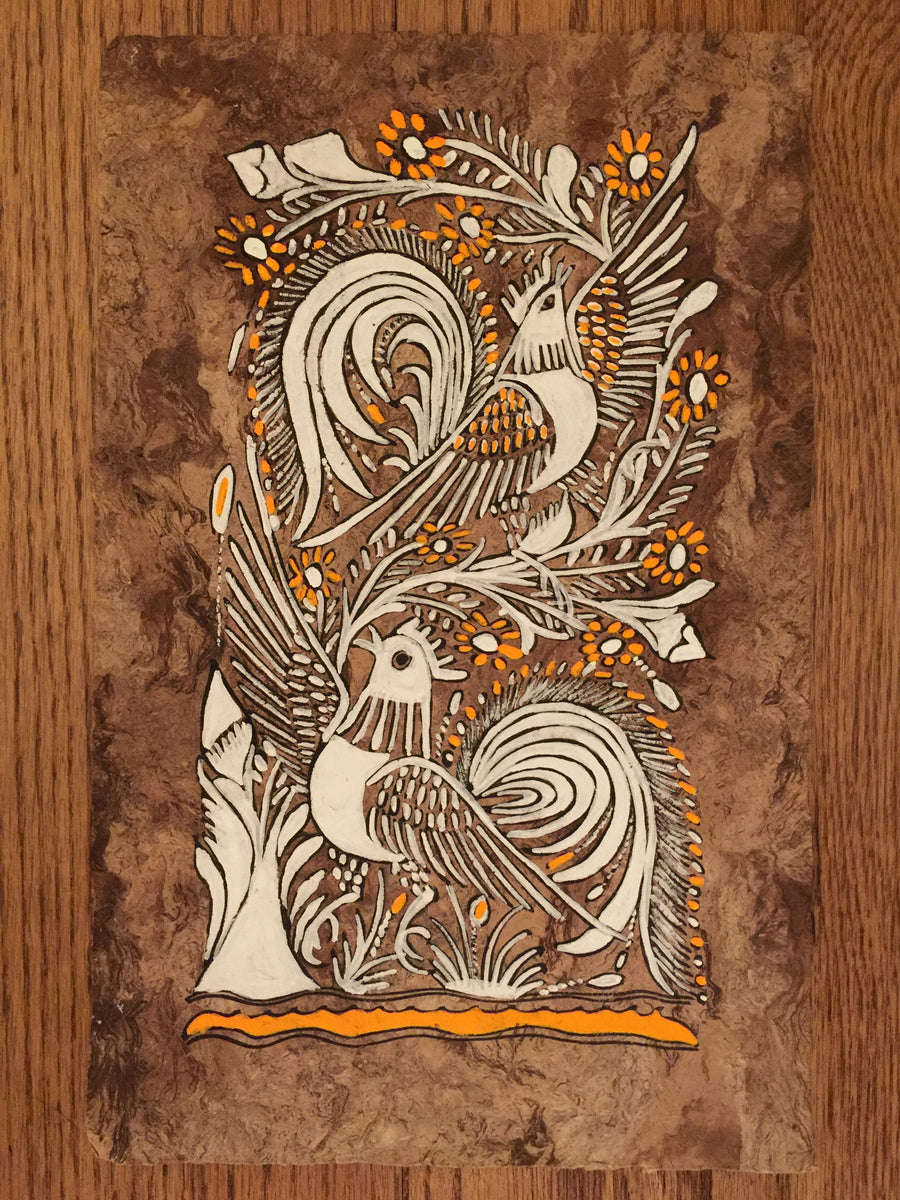 Aztec Birds, Original Painting on Amate Tree Bark, Vintage, Early 1970 ...